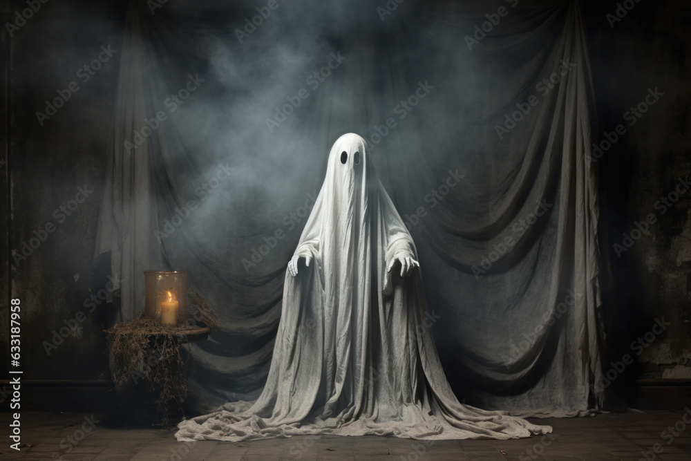 Spooky Halloween Background: Realistic Ghost under White Sheet with ...