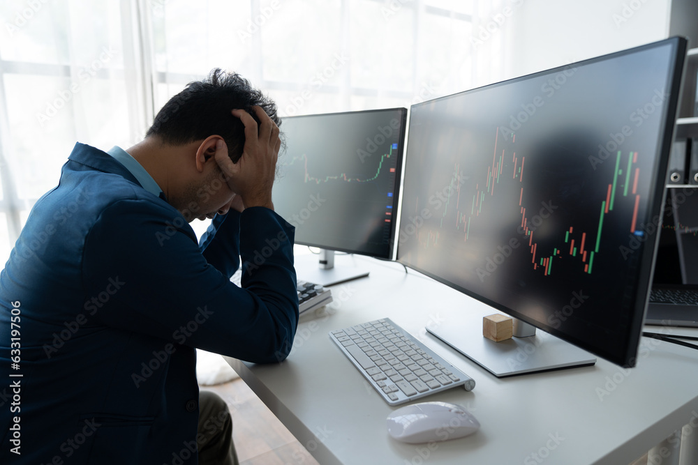 Value stock trading graph with stressed businessman, headache ...