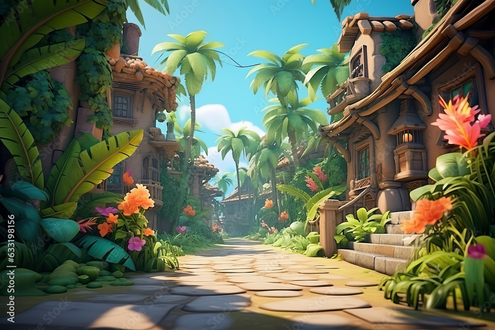 3D abstract peaceful village background environment for adventure ...