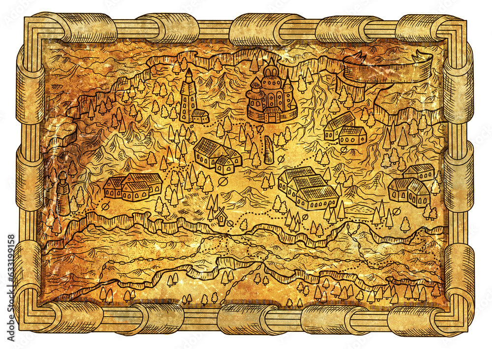 Old fantasy map with medieval unknown land, towns, mountain and trees ...