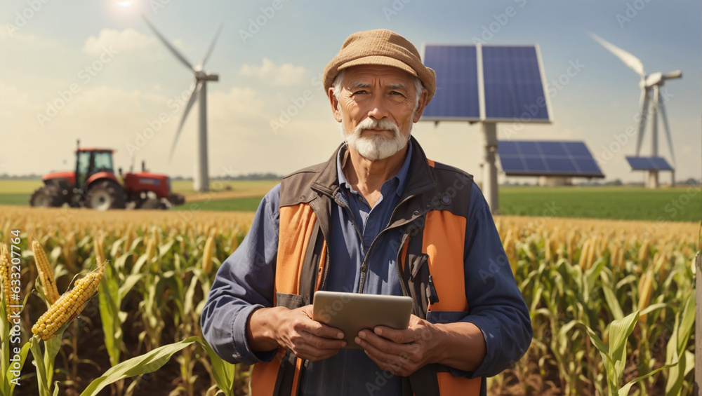 Seasoned farmer, tablet in hand, stands amidst the cornfield, with a ...