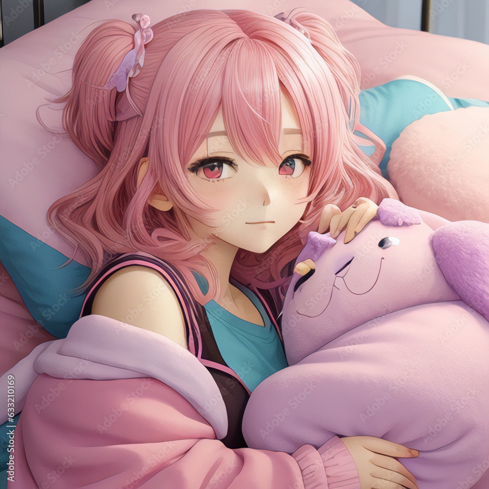 A beautiful anime Lo-fi girl chilling at night. Anime girl lying on bed ...