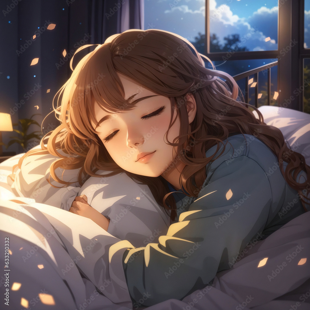 A beautiful anime Lo-fi girl chilling at night. Anime girl lying on bed ...