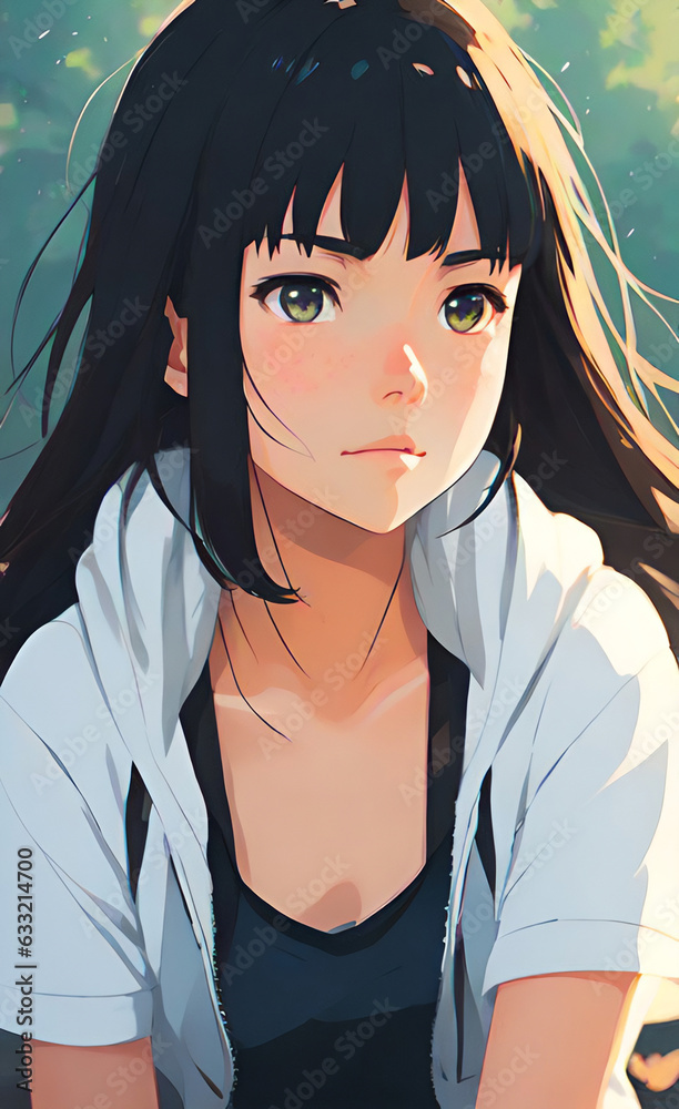 Anime poster. Kawaii winking school girl face with big eyes in manga ...