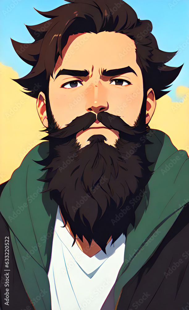 anime male man with black beard, manga anime character, japanese ...