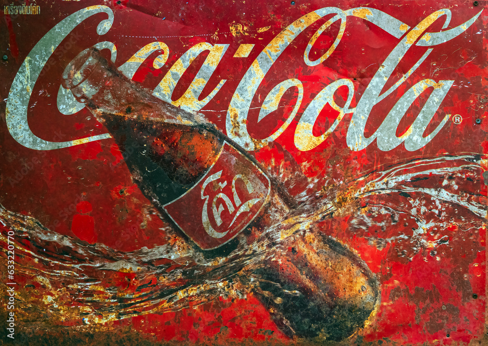 KANCHANABURI,THAILAND-JUNE 28,2023: Close up vintage coca cola logo ...