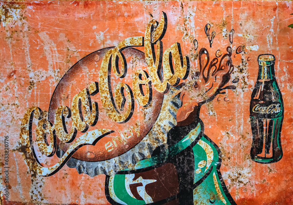 KANCHANABURI,THAILAND-JUNE 28,2023: Close up vintage coca cola logo ...