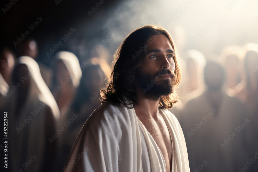 jesus christ in white clothes and loving peaceful, blurry light rays in ...