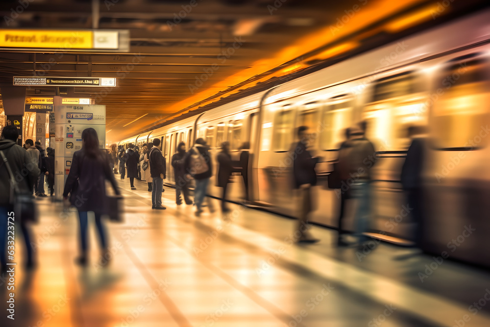 Blurred motion of busy commuters on train station during rush hours ...
