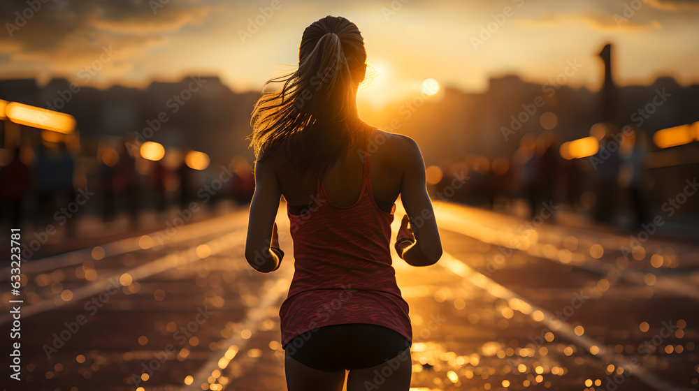 Beautiful young female athlete running on running track back view on ...