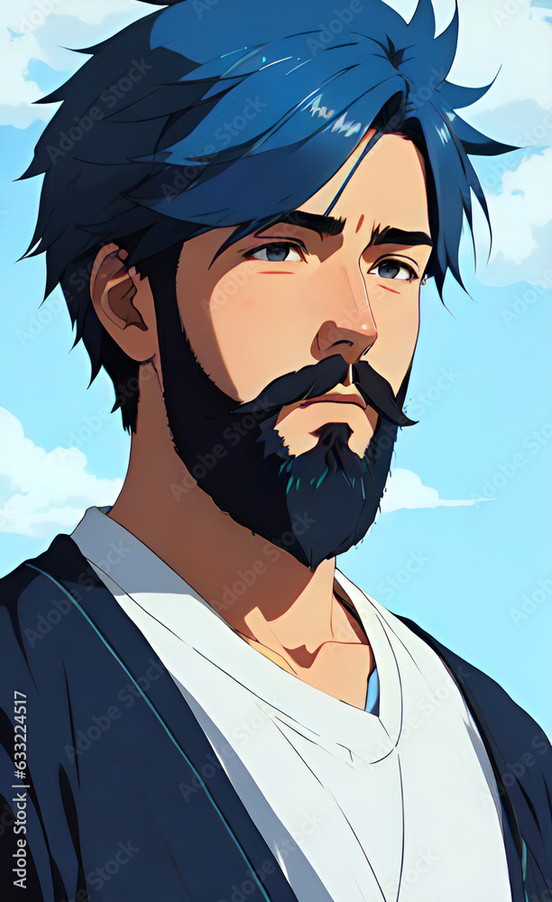 Anime male man with blue hair and beard. Blue hair anime boy Manga ...