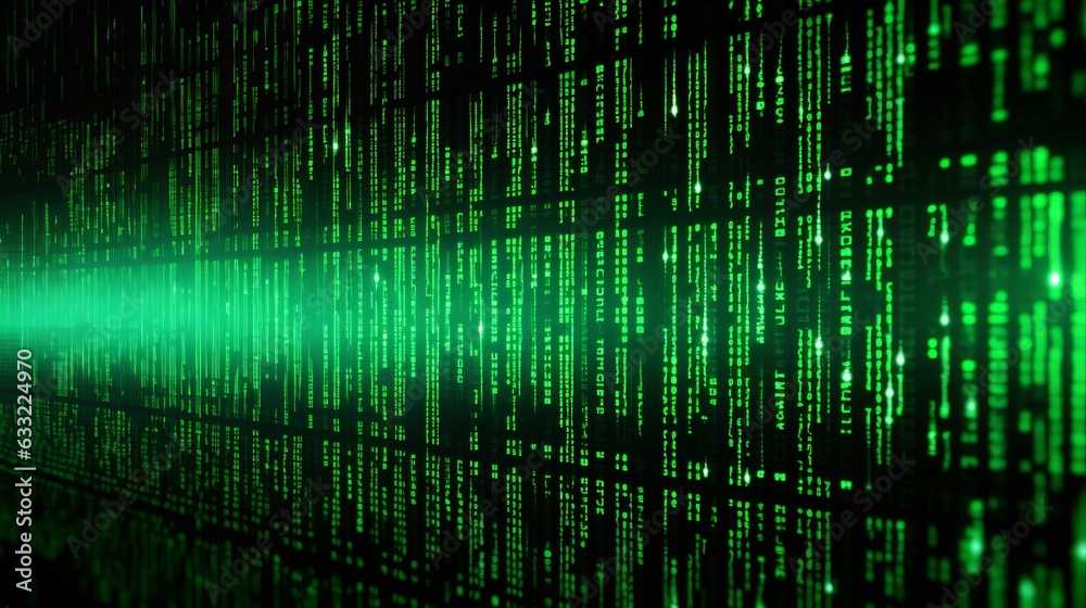Green digital binary data on computer screen background. Matrix style ...