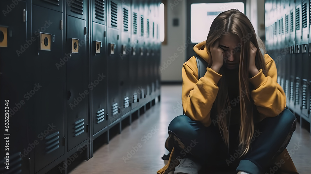 Female student covering her head and crying on school corridor ...