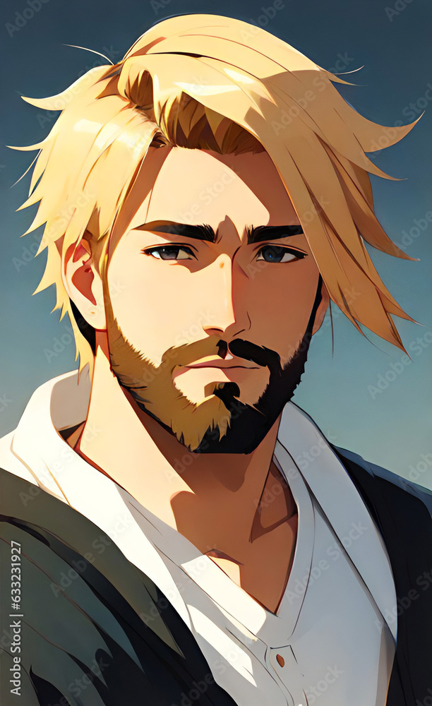 anime male man with beard and blonde hair, manga anime character ...