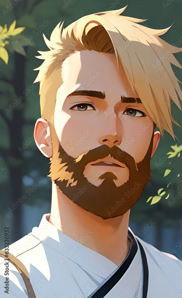 Stoic male anime man angel with blonde hair and beard looking straight ...