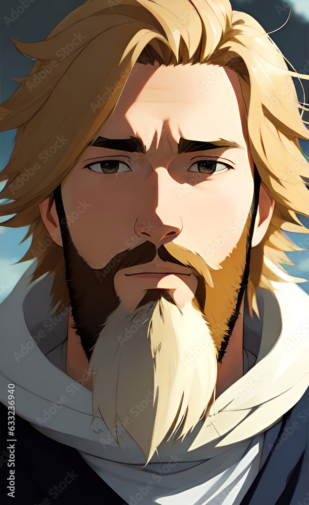Stoic male anime man angel with blonde hair and beard looking straight ...