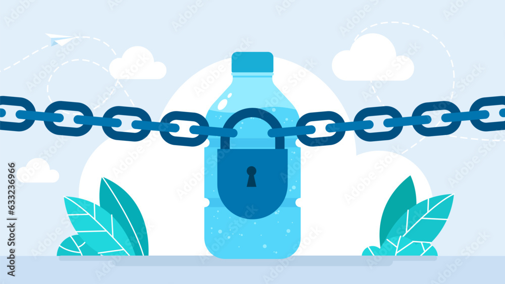 Bottle of water behind a chain with a closed lock. People's access to ...
