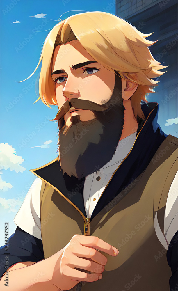 Stoic male anime man angel with blonde hair and beard looking straight ...