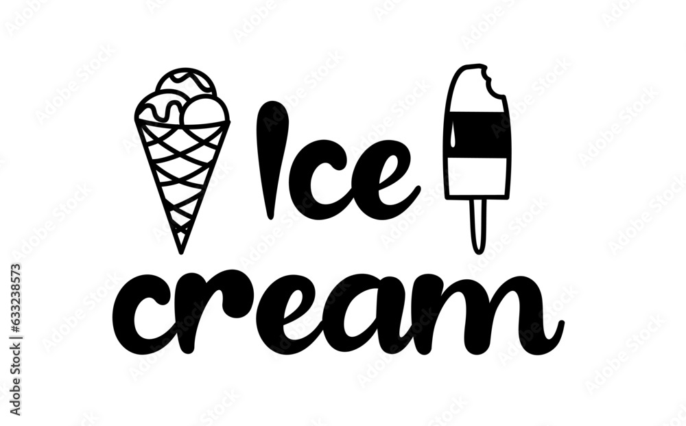 Ice cream logo with icons in the name. Typography, black letters ...