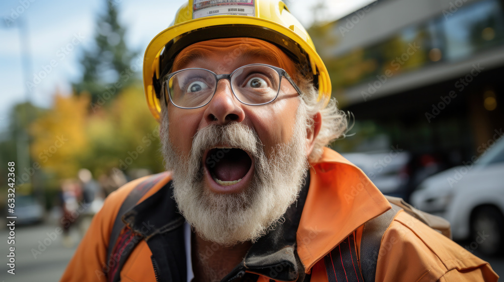 Elderly constructor man with shocked surprised overwhelmed expression ...