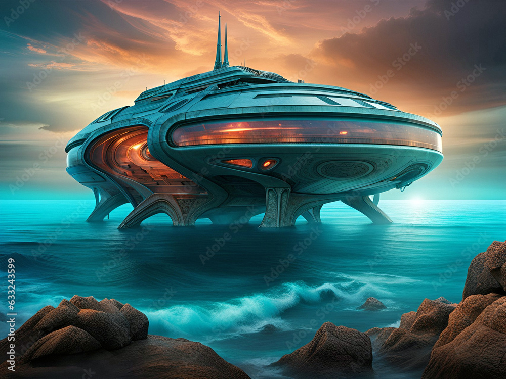 space base on alien planet with mountains, rocks and ocean, generative ...