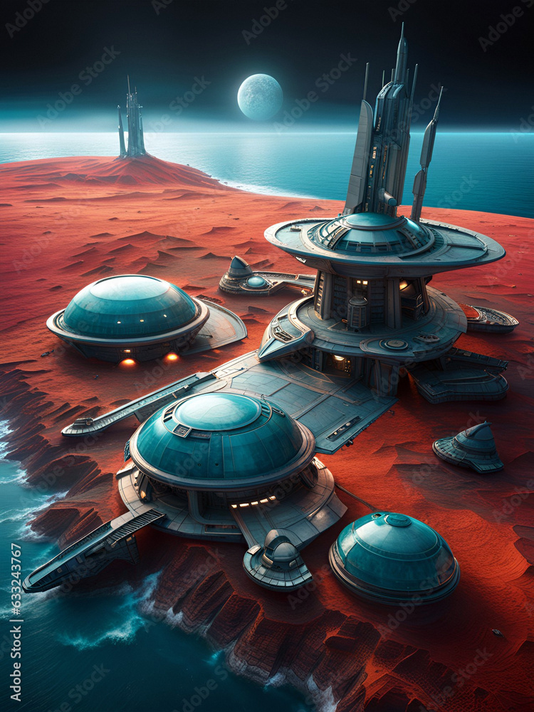 space base on alien planet with mountains, rocks and ocean, generative ...