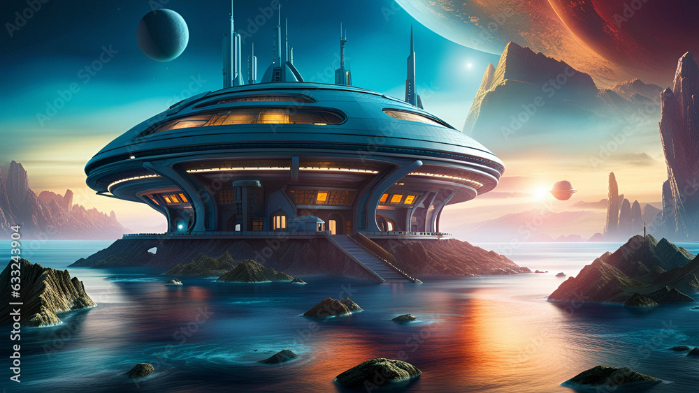 space base on alien planet with mountains, rocks and ocean, generative ...