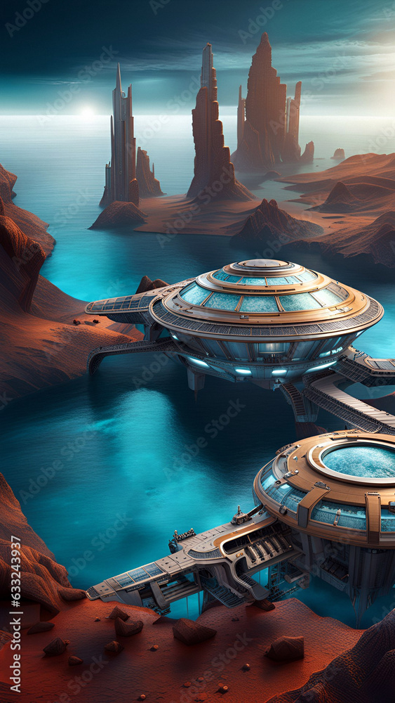 space base on alien planet with mountains, rocks and ocean, generative ...