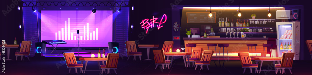 Night club stage with pub counter vector illustration. Beer goblet ...