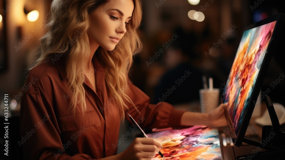 woman painting a picture. Lifestyle, creative hobby and art work ...