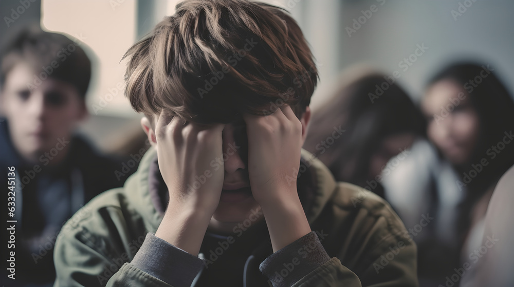 Male student covering his face and crying in class suffering from ...