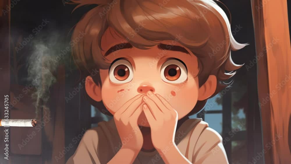 Anime cartoon animation child protect his nose from cigarette smoke. No ...