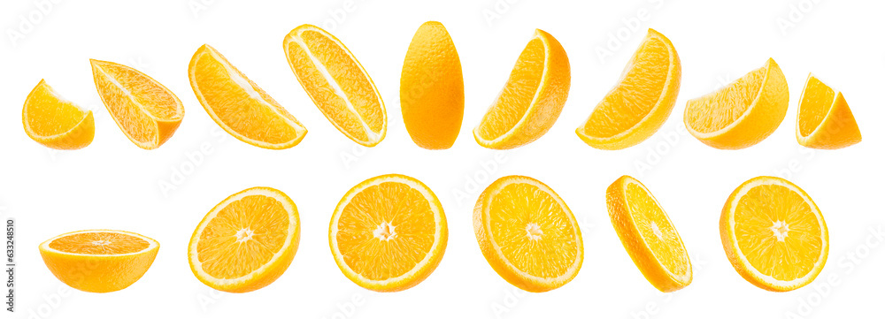 Bright oranges set. Cut on halves, round slices, quarter pieces fruits ...