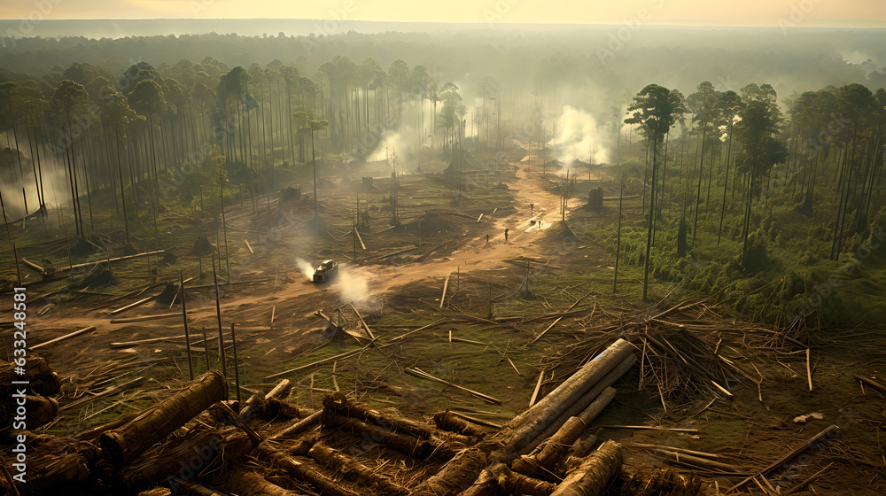 The depiction of deforestation showing a forested area being cut down. Climate change impact ...