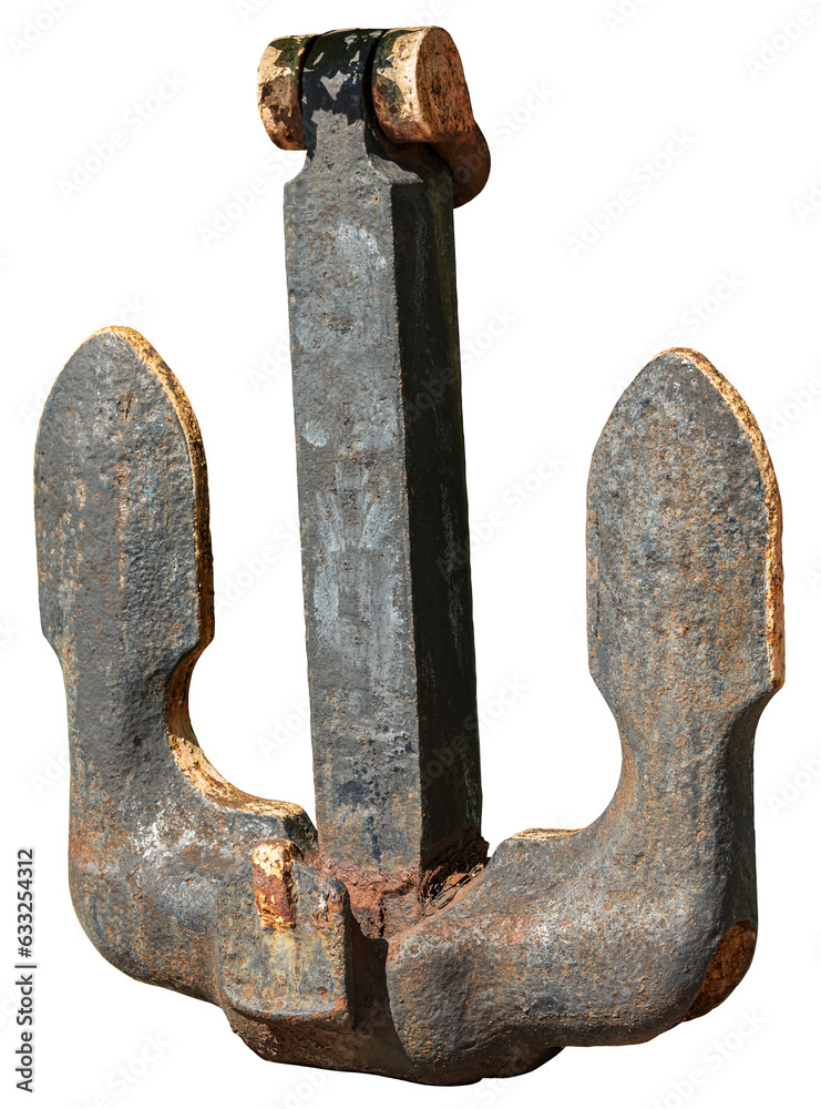 Closeup of a large old rusty anchor isolated on white or transparent ...