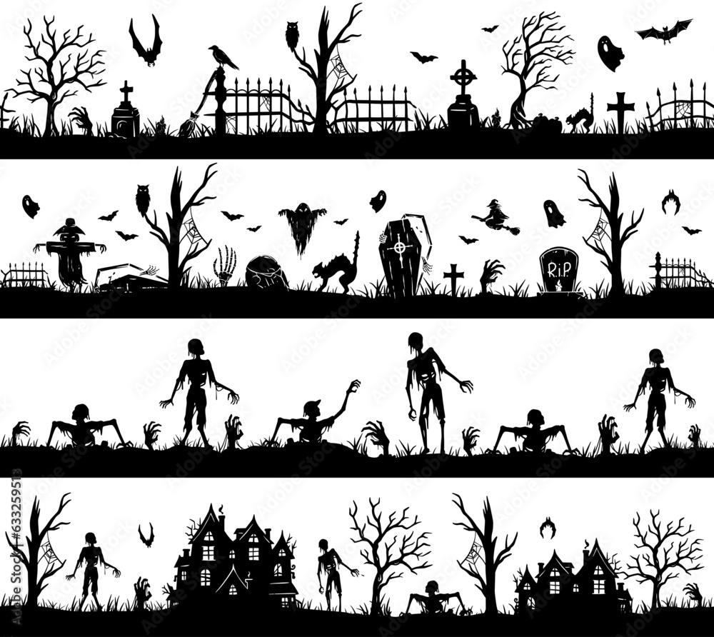 Set of halloween seamless panoramas with halloween silhouette of apocalypse, cemetery elements ...