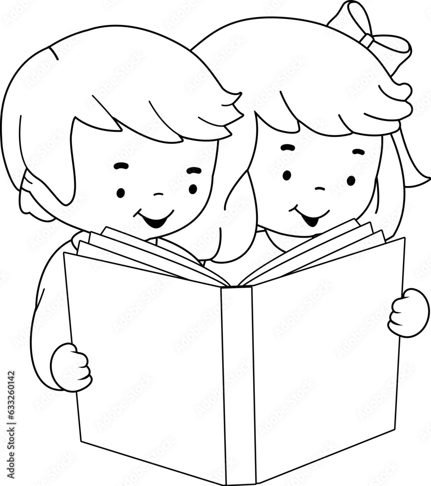 Children reading a book. Vector black and white coloring page. Stock ...
