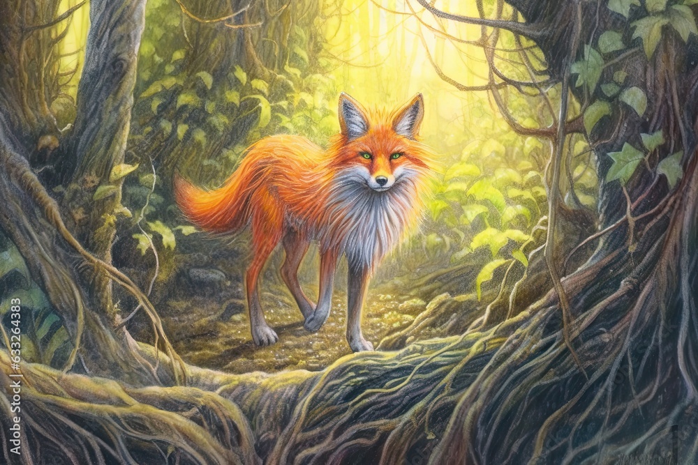 Exploring a Mystical Forest: Curious Fox with Fiery Red Fur Amidst the ...