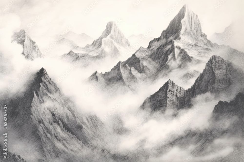 Majestic Presence: Conquering the Horizon with a Towering Mountain Range Shrouded in Mist ...