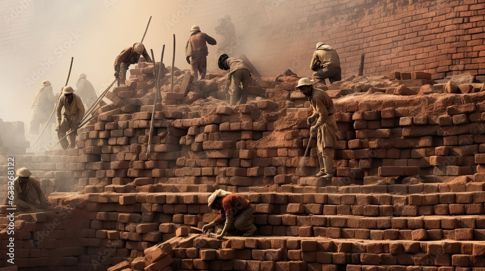Functional structure as workers carefully lay bricks and mortar, layer ...
