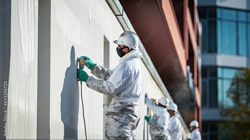 Builders applying a weatherproof coating to an exterior surface, a ...