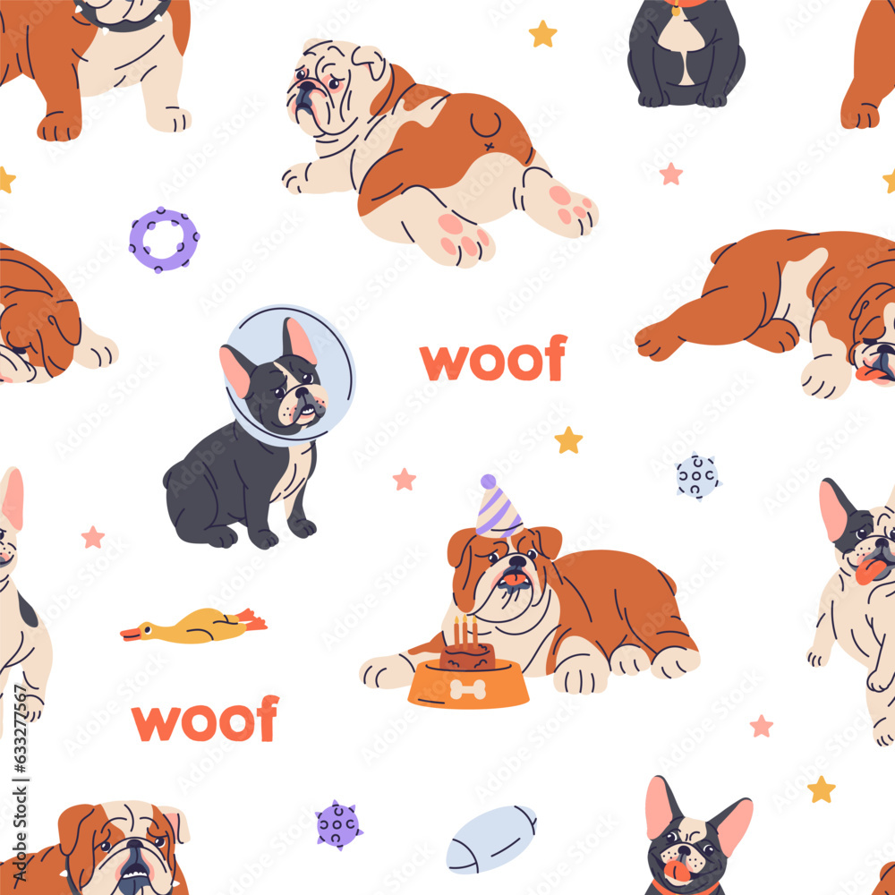 Cute dogs pattern. English and French bulldogs puppies and toys ...