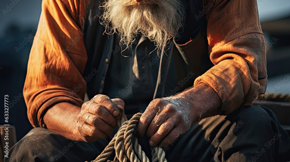 Fisherman's hands deftly weaving a fishing knot. The practiced finesse ...