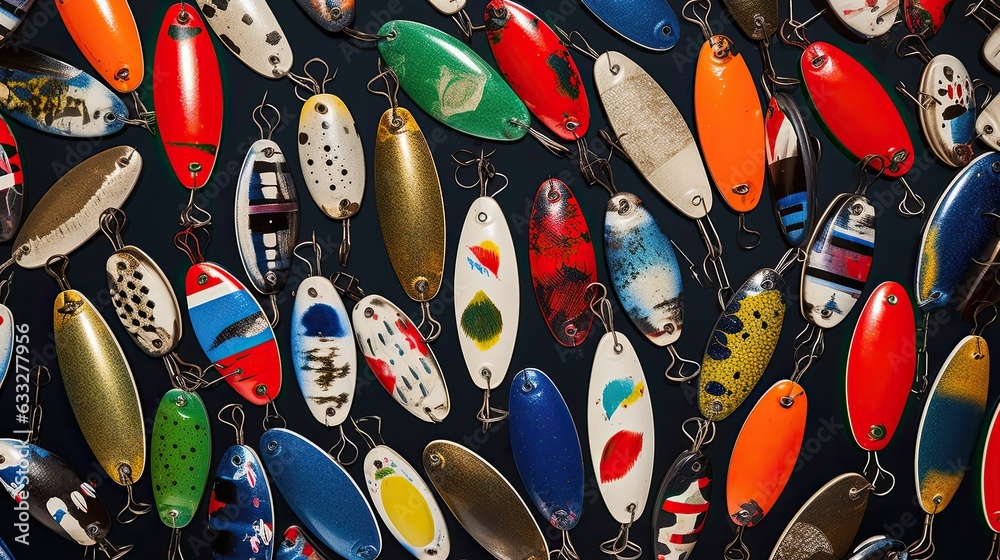 Angling in a vintage-styled arrangement of colorful fishing lures. The ...