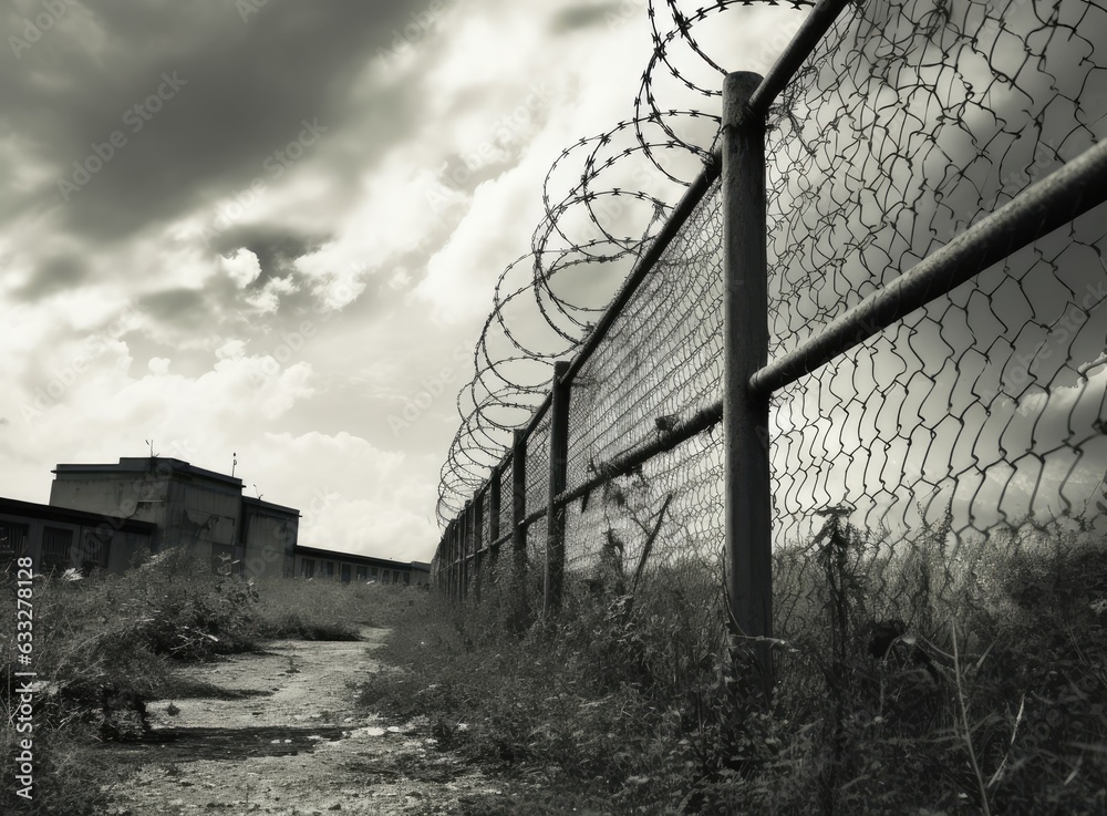 Prison Watchtower Protected By Wire Of Prison Fencewhite Prison Wall And Guard Tower With
