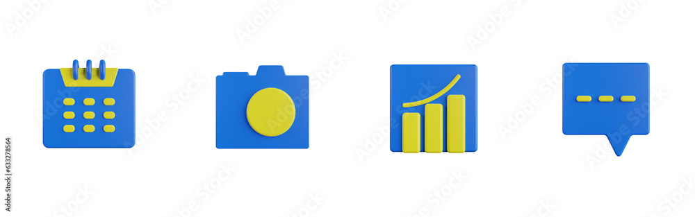 3d calender, camera, profit chart, chat bubble. 3d render icon pack ...