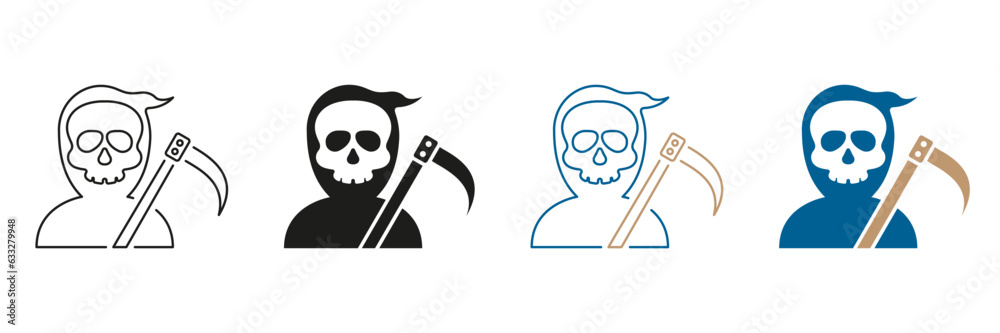 Grim Reaper Halloween Character Line and Silhouette Icon Set. Halloween ...
