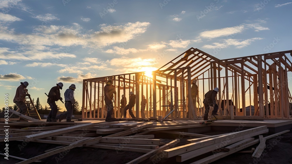 Construction scene as a dedicated crew expertly frames a new house ...