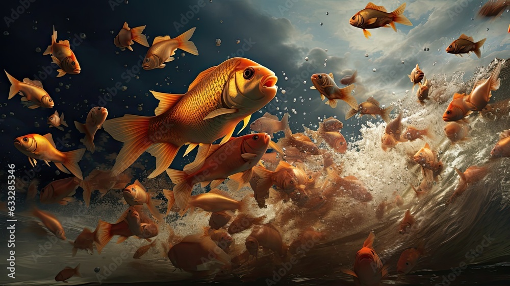Fish leaping and splashing as they engage in a frenzied feeding rush, a ...