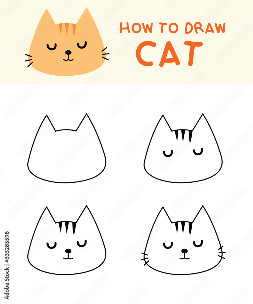 How to draw cute cat step by step for education, learning Stock Vector ...